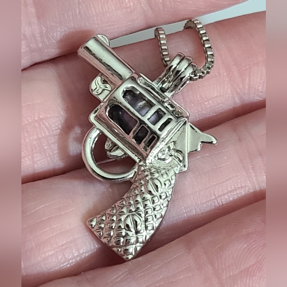 Gun Necklace Pearl Cage Pistol Revolver Charm Pendant… - Gem